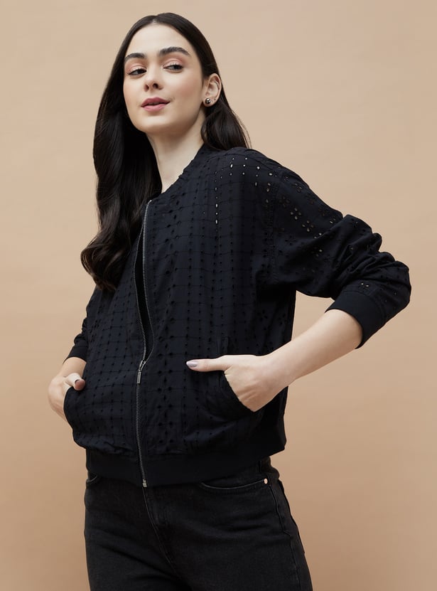 Stylish Schiffli Baseball Jacket – Cozy